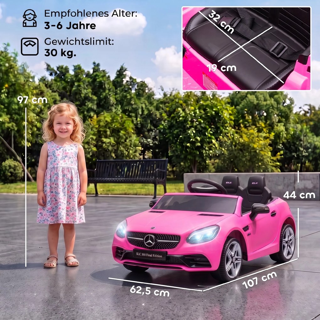 AIYAPLAY Elektrické auto pro děti 3+ let Mercedes SLC 300 12V s dálkovým ovládáním, LED předními světly, klaksonem a hudbou - Růžové