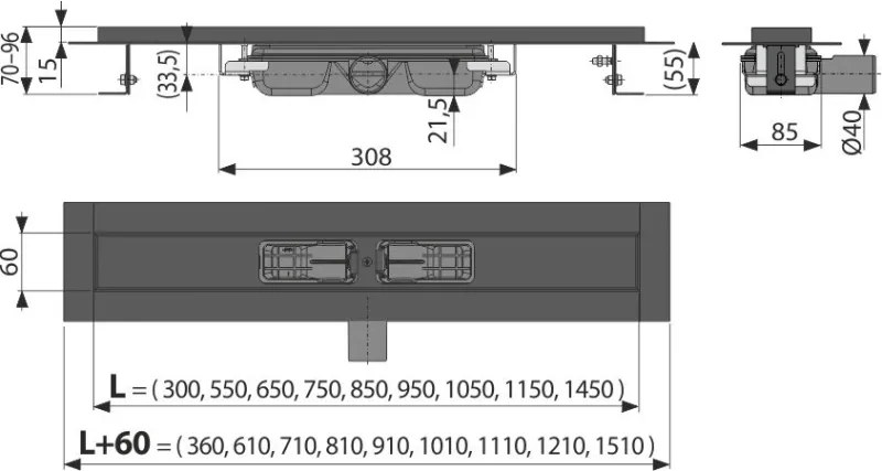 ALCA Podlahový žlab s okrajem pro perforovaný rošt, černá-mat APZ101BLACK-650