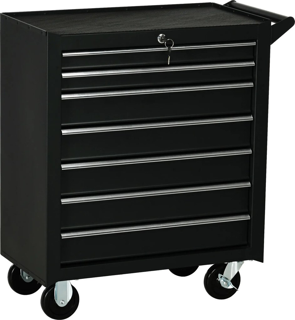 DURHAND Tool Cart with 7 Drawers, EVA Mats, Lock and 2 Keys, Braked Wheels and Handle, Steel for Garage, Black | Aosom