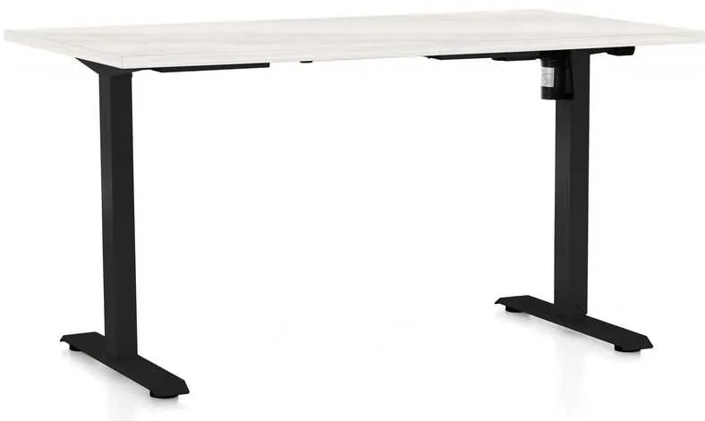 Výškově nastavitelný stůl OfficeTech A, 140 x 80 cm, černá podnož, bílý jasan