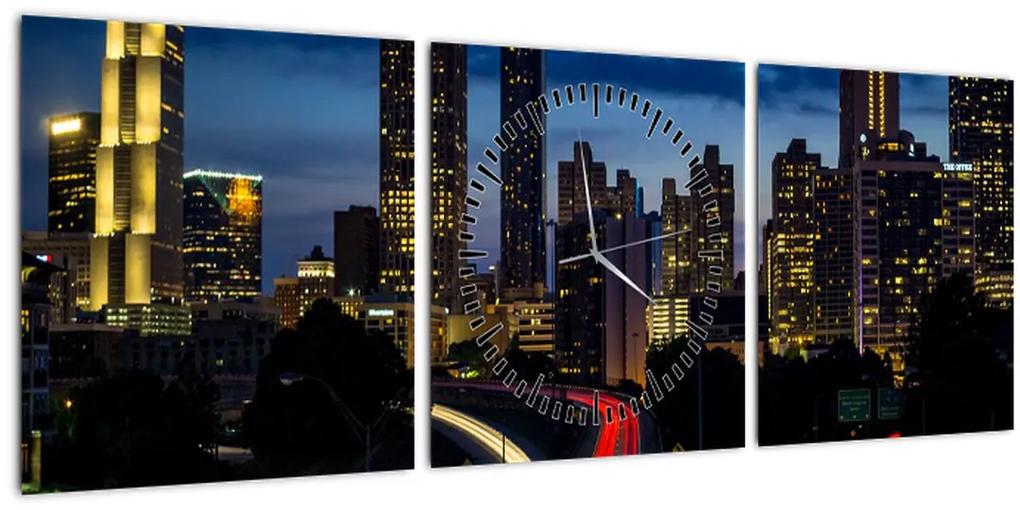 Obraz - Noční město (s hodinami) (90x30 cm)
