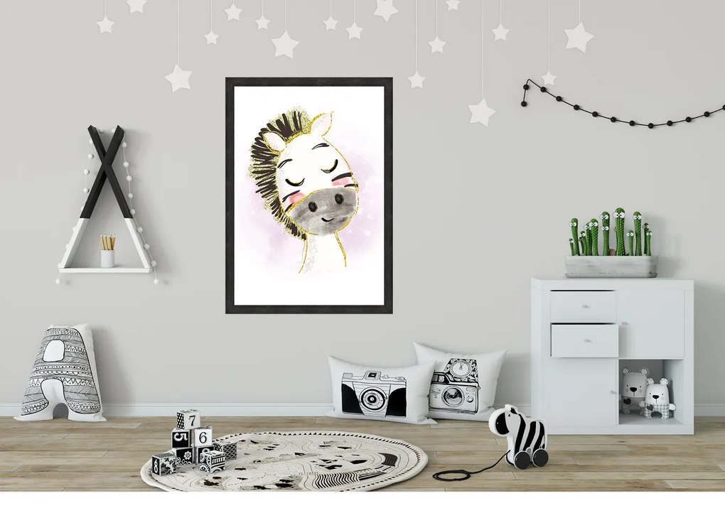 Plakát zvířátka zebra - Obraz, Plakát Velikost: A3 - 29,7x42 cm, Volba rámu: s bílým rámem, Dekorace: s dekoracemi