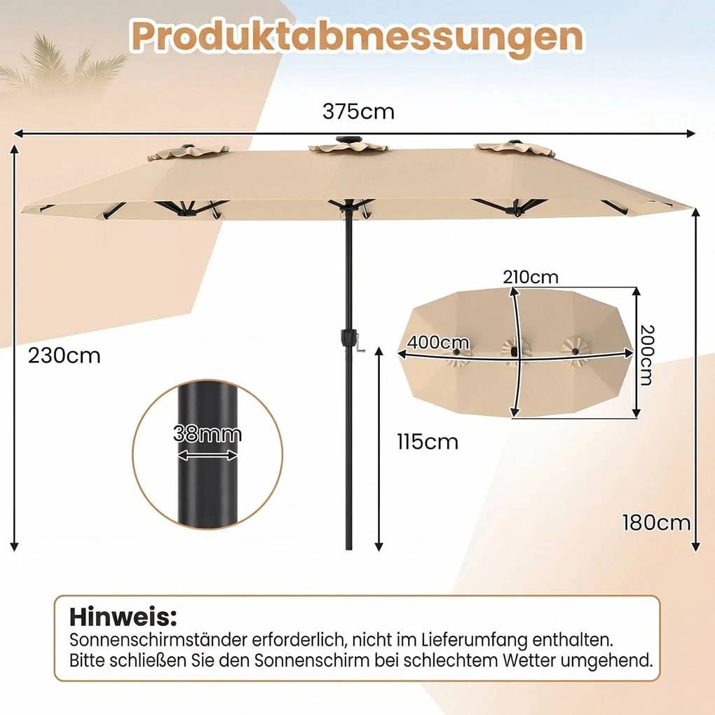 Costway Dvojitý slunečník s LED osvětlením obdélníkový – 400 × 210 cm, béžový