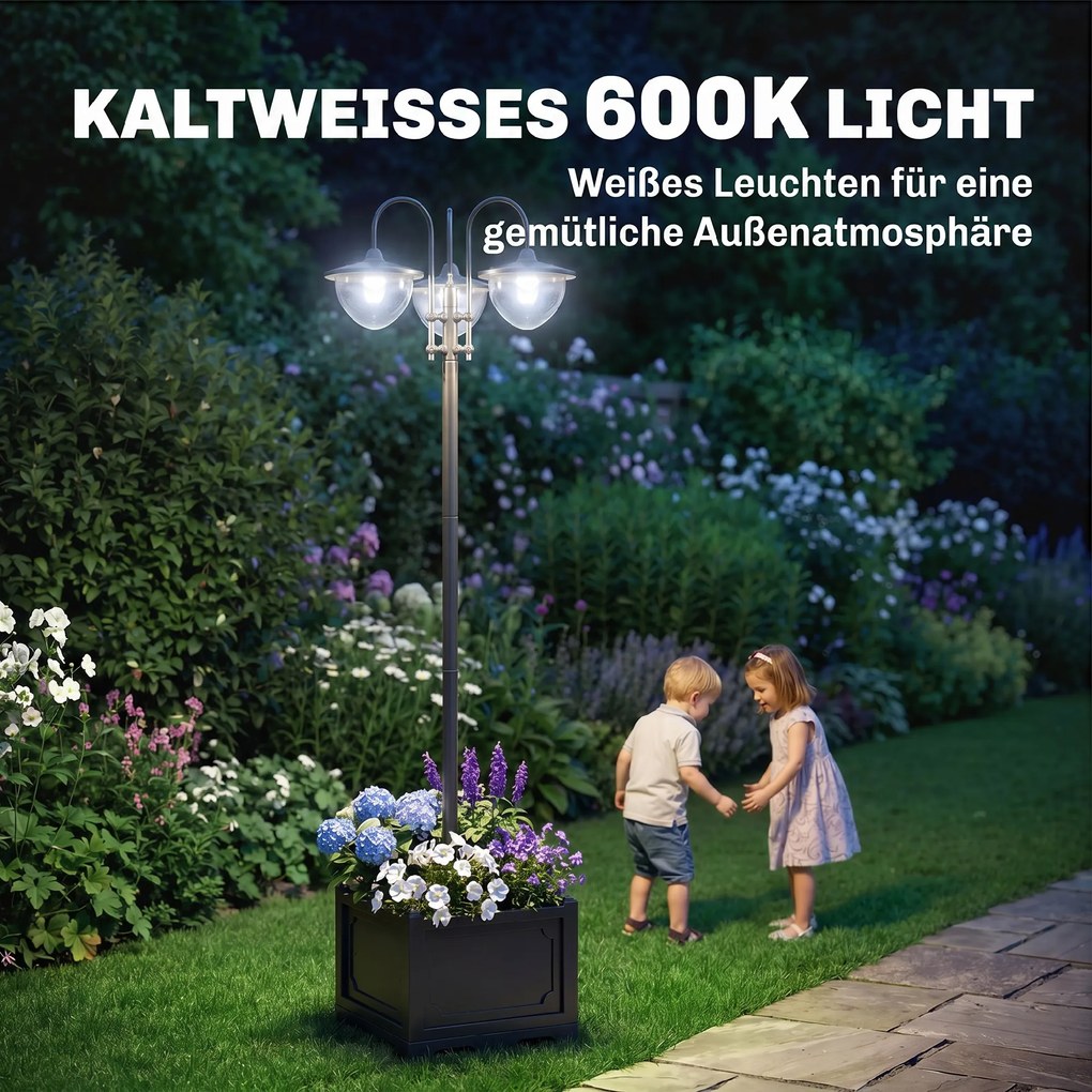 Outsunny solární světlo zahradní světlo 3-hlavová lampa s podstavcem květináče, vodotěsné, nerezová ocel, 60x55x189cm| Aosom