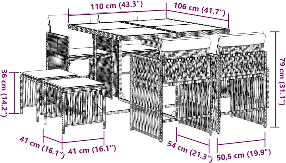 9dílný zahradní jídelní set s poduškami hnědý polyratan 3211677
