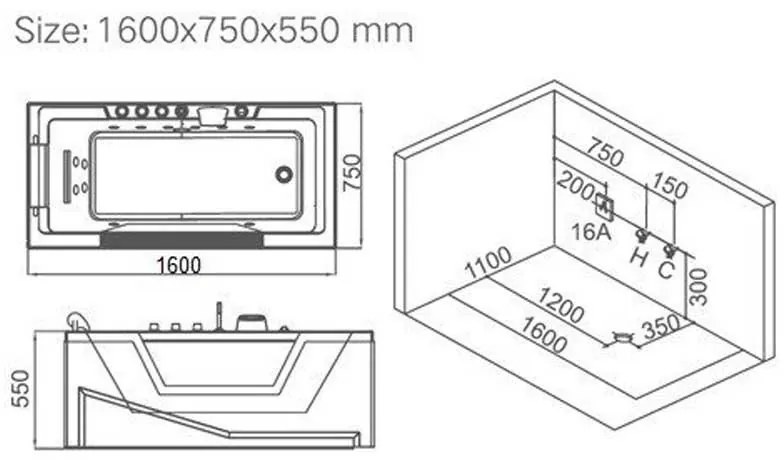 BPS-koupelny Hydromasážní vana HYD-GO938C 162x75 s ohřevem vody