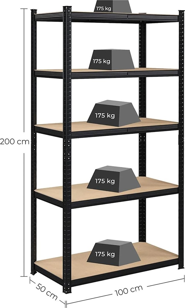 Velká nosná salgó police, kovová úložná police 50x100x200 cm, černá