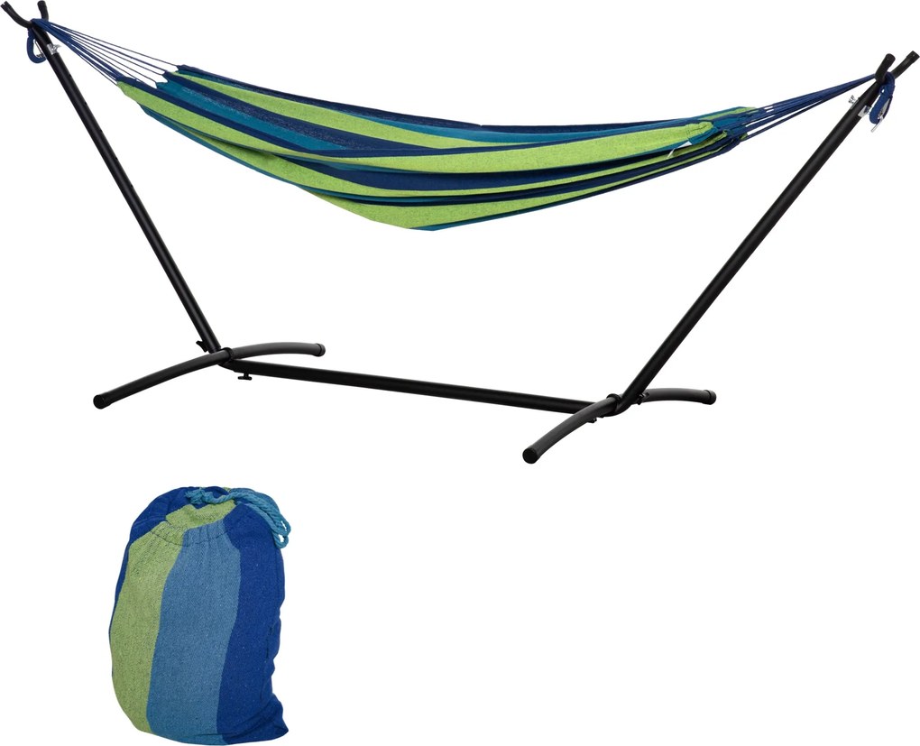 Houpací síť Outsunny s konstrukcí 310x117 cm, přenosná kempovací houpací síť s nastavitelnou výškou, nosnost 120 kg, pruhovaná zelená a modrá | Aosom