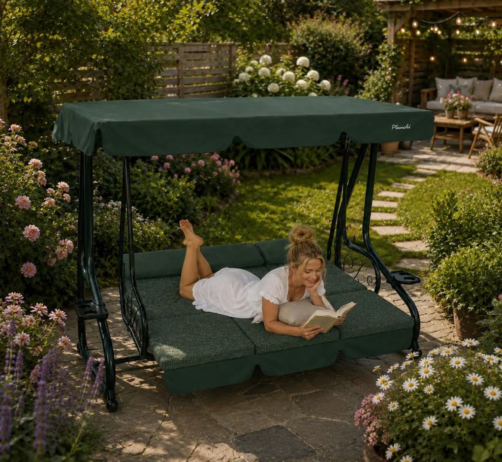 GardenLine Luxusní zahradní houpačka s lůžkem a držáky na nápoje pro 3 osoby 200 × 120 × 164 cm SORENTINO Mesh Green zelená