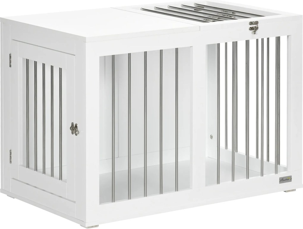 PawHut Psí Kotec s 2 Dveřmi - Ocelový Kotec pro Domácnost pro Střední Psy do 20 kg, Skládací Stůl - Psí Bouda 80 x 50 x 56,5 cm Bílá | Aosom