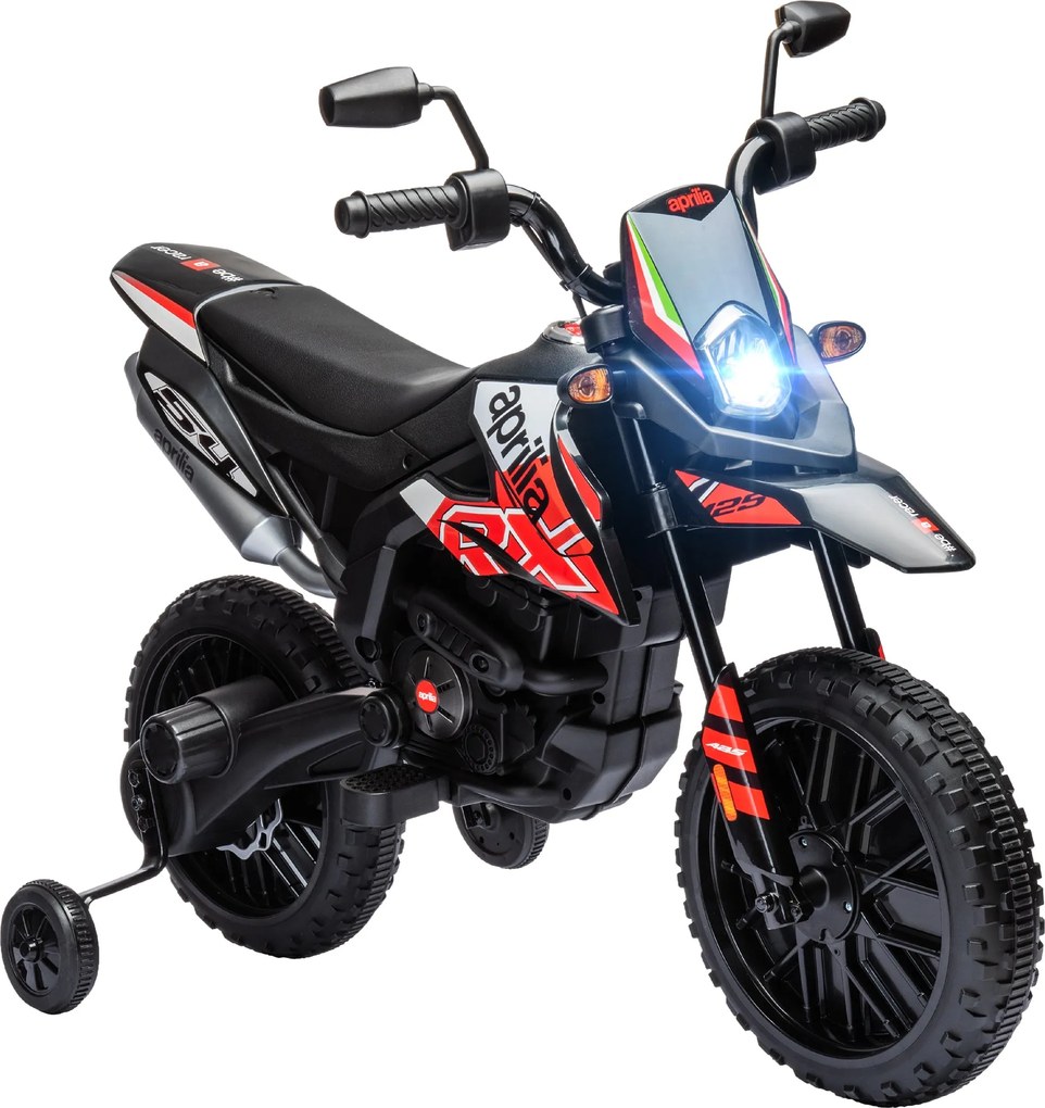 Dětská elektrická motorka AIYAPLAY křížový motocykl pod licencí Aprilia se 2 motory 12V, max. rychlost 6 km/h, tréninková kolečka, pružinové odpružení