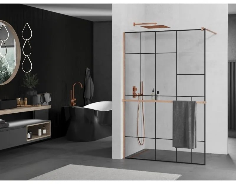 Mexen Kioto+, sprchová zástěna Walk-In s poličkou a věšákem 130 x 200 cm, 8mm čiré sklo černý vzor, měděný matný profil, 800-130-121-65-78