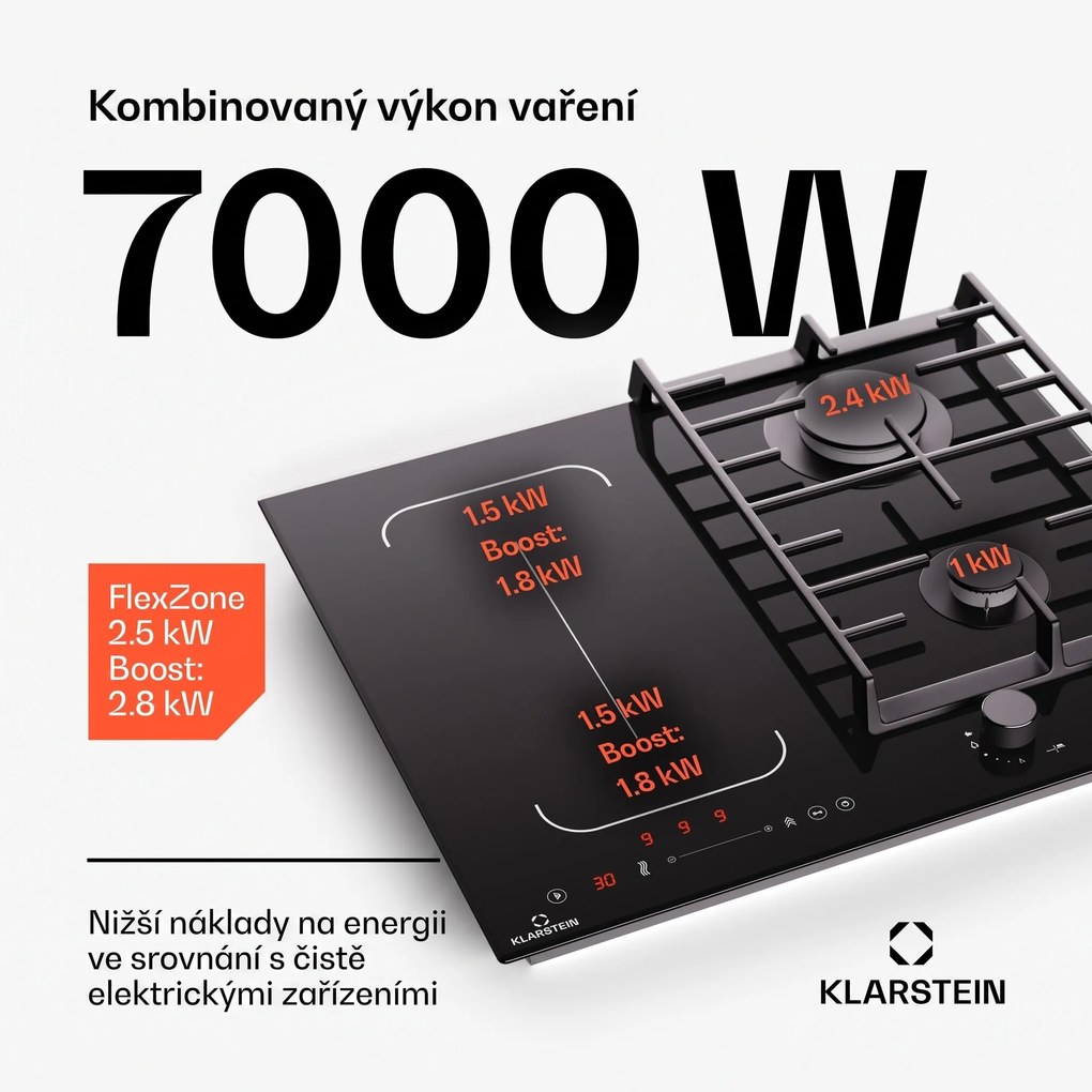 Klarstein MultiChef 4, indukční a plynová varná deska, 4 varné zóny, 2 plynové hořáky, 2 indukční varné desky, FlexZone