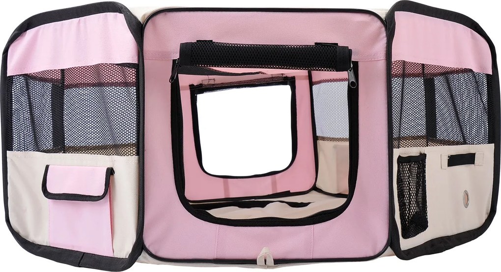 PawHut skládací ohrádka pro psy a kočky — přenosná osmihranná ohrádka Ø90 x 41 cm, 600D voděodolný Oxford, 2 zip dveře — růžová | Aosom