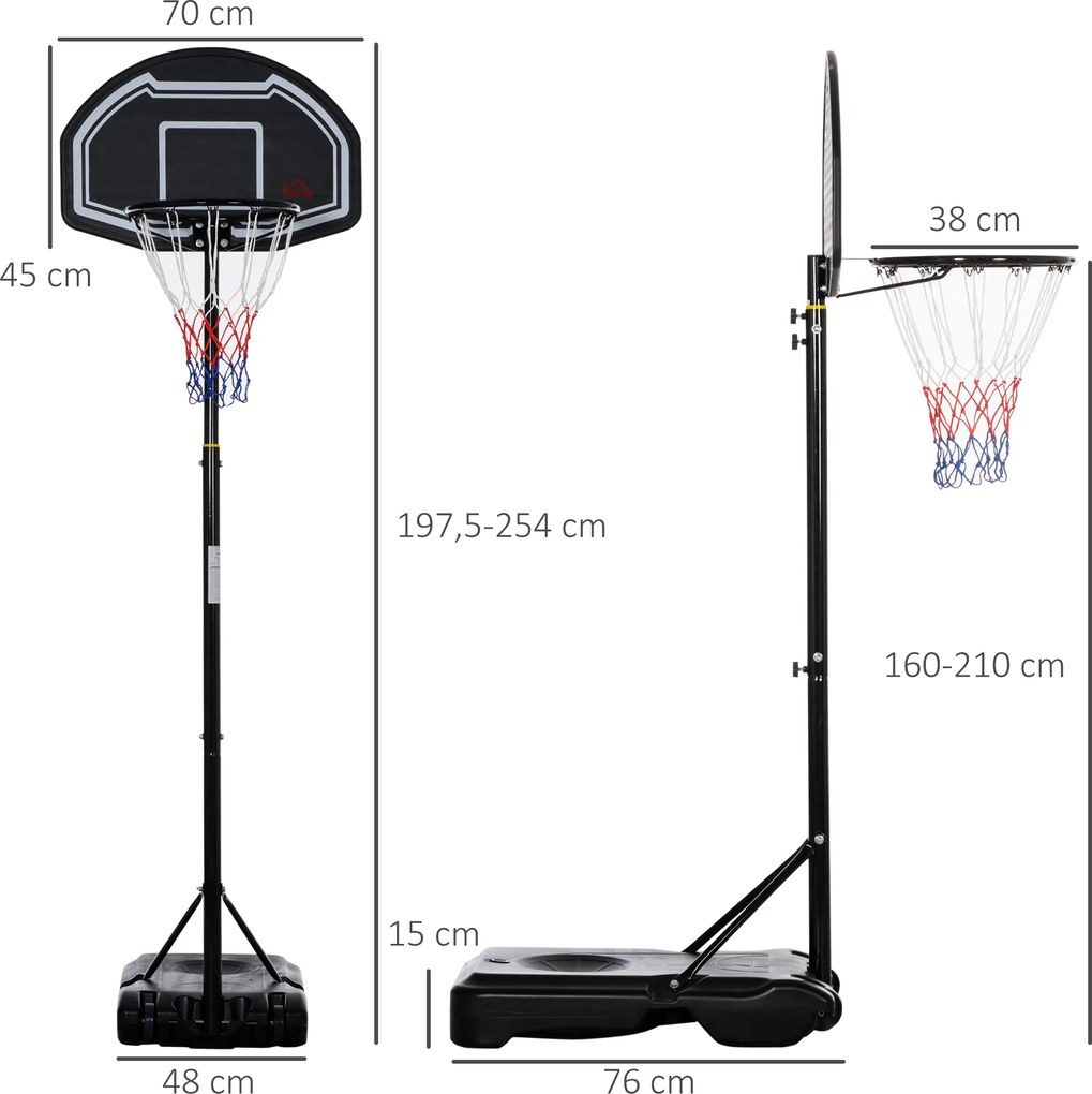 HOMCOM Venkovní basketbalový koš pro teenagery, 160-210 cm Výškově nastavitelný basketbalový stojan s kolečky