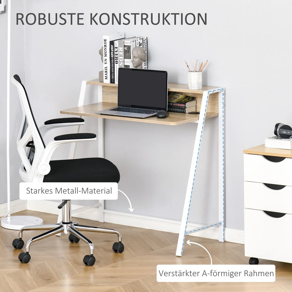 Psací stůl HOMCOM Moderní počítačový stůl s úložným prostorem a kabelovou zásuvkou Kovový rám bílý dub 84x45x85cm pro domácí kancelář a pracovnu