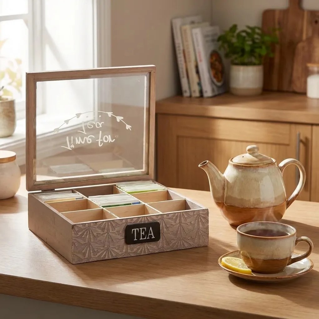 Zeller Present Dřevěná krabička na čaj - TIME FOR TEA, 9 přihrádek
