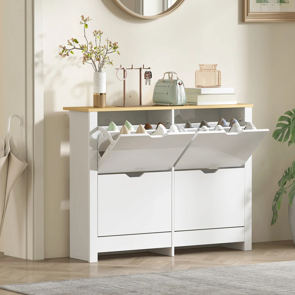 HOMCOM úzký botník s 4 výklopnými přihrádkami – úsporný regál na boty až pro 16 párů, 105 × 26 × 80 cm (bílá / přírodní)