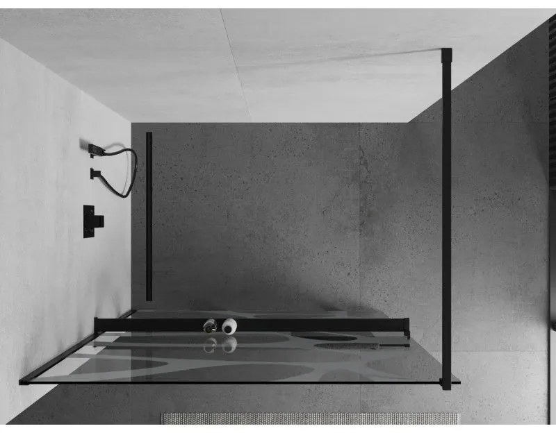 Mexen Kioto+, sprchová zástěna s poličkou a držákem na ručníky 140 x 200 cm, 8mm čiré sklo vzor bílý, černý profil, 800-140-121-70-97