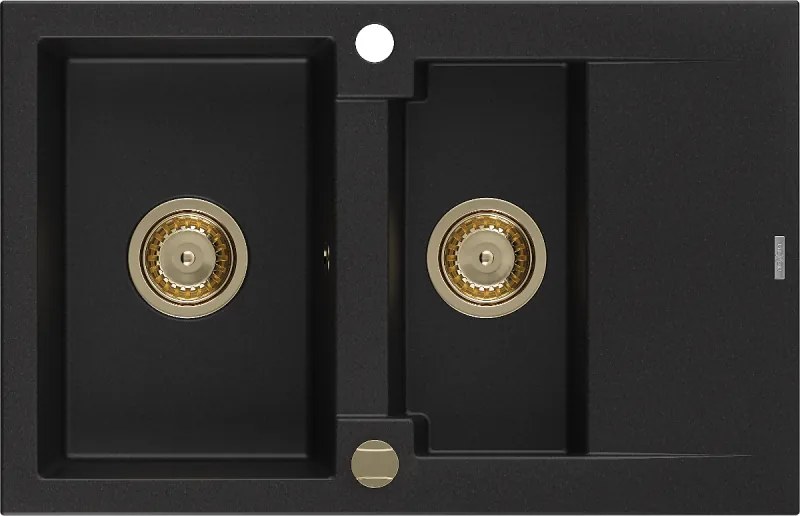 Mexen Gaspar, granitový dřez 737x475x177 mm, 1,5-komorový, černá se zlatým sifonem, 6507731505-77-G