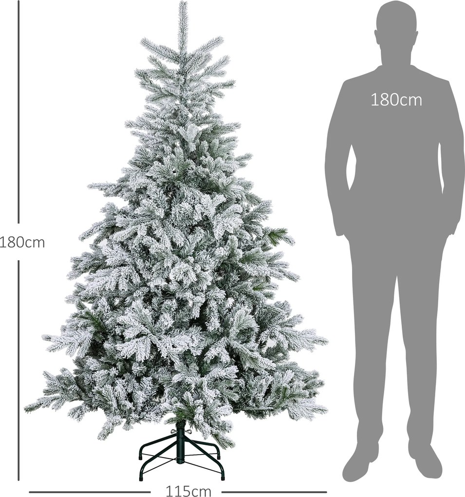 HOMCOM Vánoční stromek 180 cm, s umělým sněhem, zpomalující hoření, rychlá montáž a demontáž, kovová základna