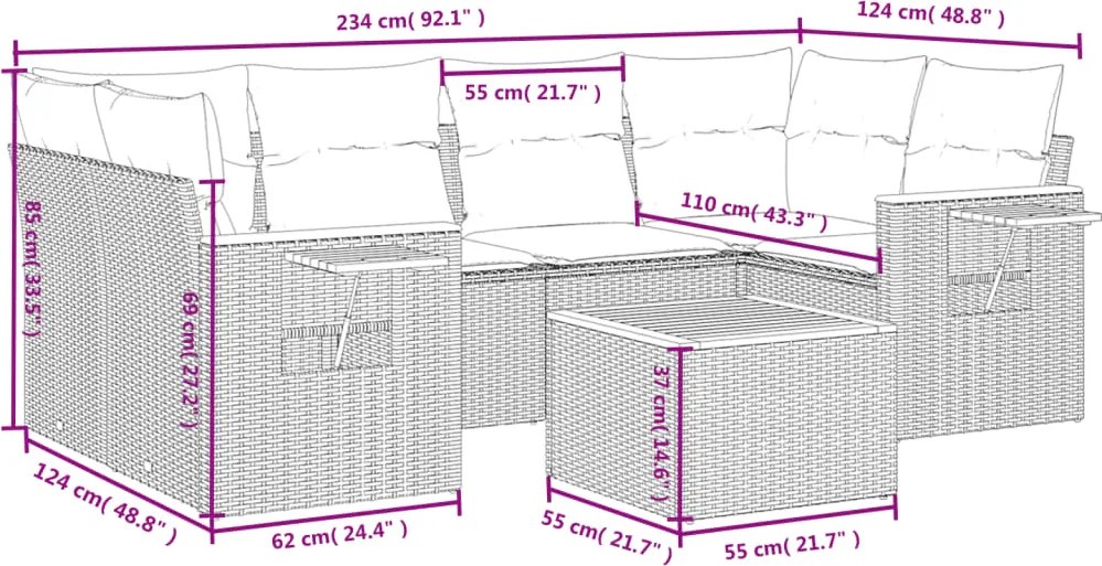 7dílná zahradní sedací souprava s poduškami šedá polyratan 3259043