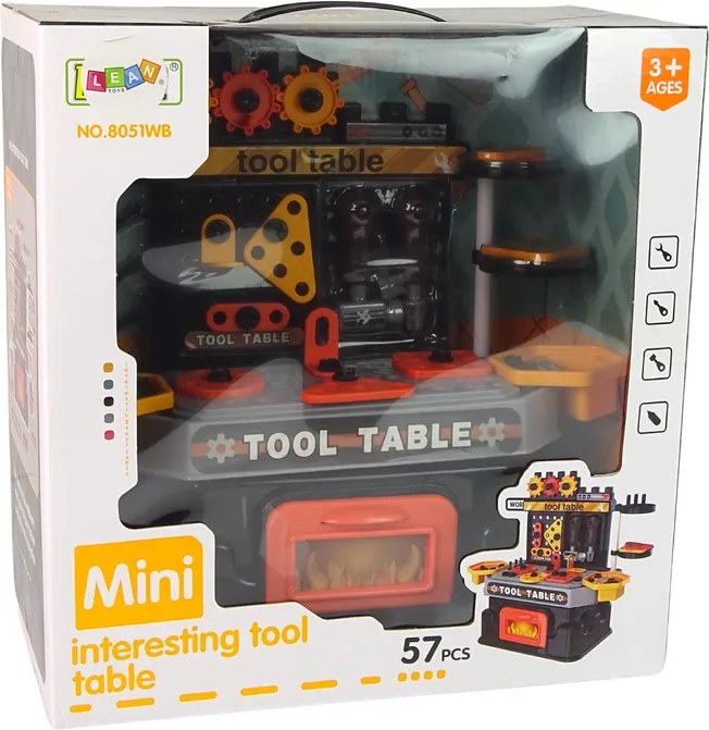 LEAN Toys Dílna – stolek pro malého kutila – nářadí, 57 dílů