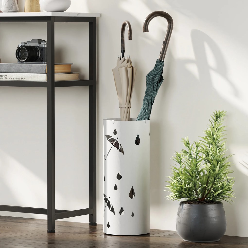 HOMCOM Stojan na deštníky, ocel, tvar sloupu, vyjímatelná spodní přihrádka, Ø17 x 41H cm, bílá