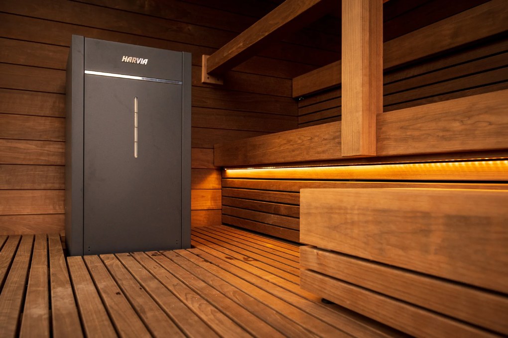 Sauna Kirami FinVision® - M Nordic misty Varianta: s ohřívačem Harvia Legend 110, Orientace: Levá