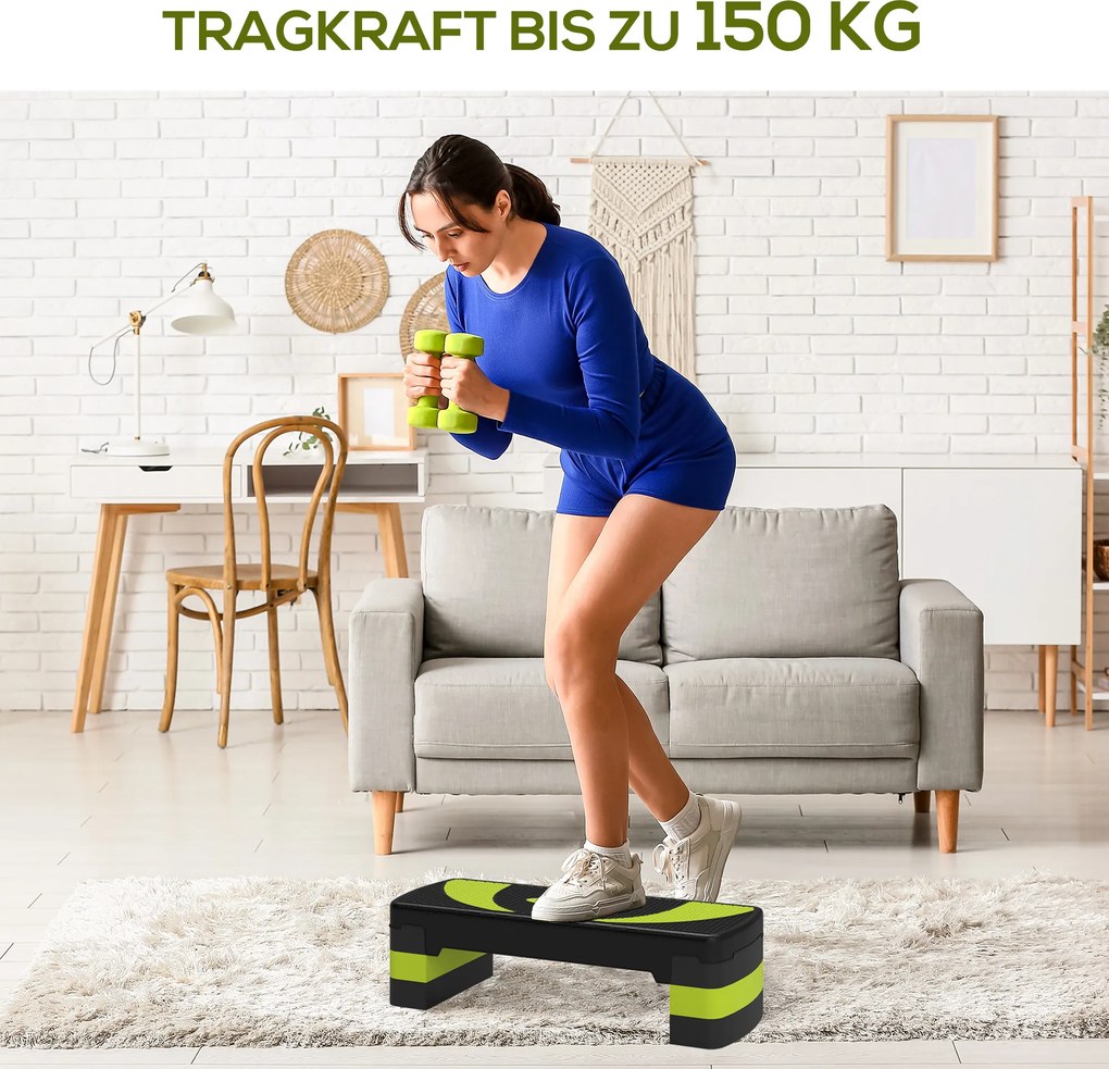 HOMCOM Aerobní stepper, výškově nastavitelné, pro vnitřní i venkovní použití, nosnost až 150 kg, 80 x 31 x 10-20 cm, Zelený