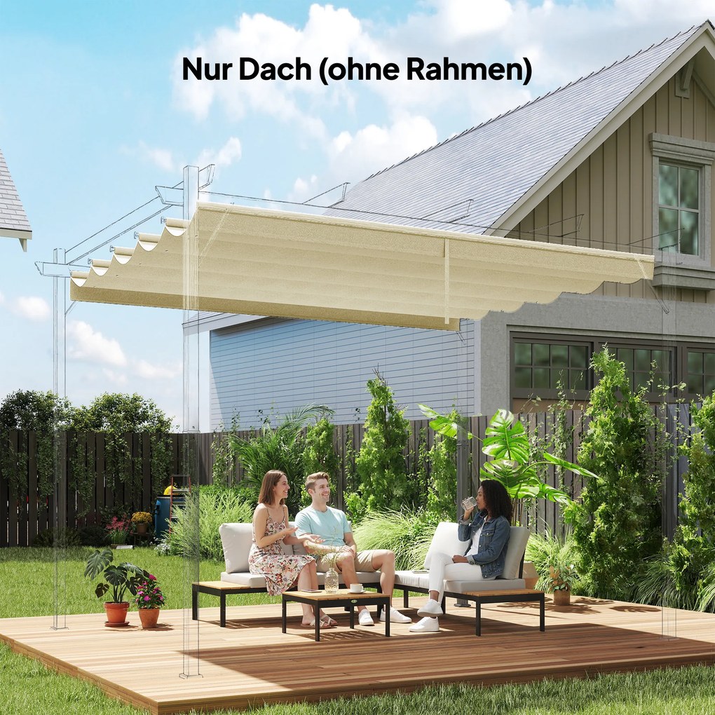 Náhradní střecha pro pergolu 3 x 3 m, zatahovací, s otvory pro odvod dešťové vody, odolná proti povětrnostním vlivům, polyester, 250 x 255 cm krémově…