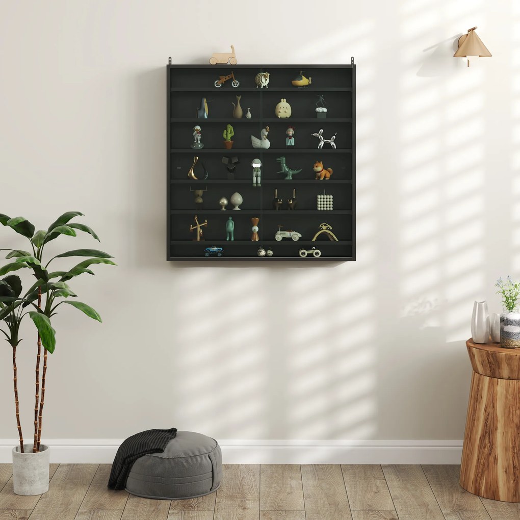 HOMCOM nástěnná vitrína se 6 nastavitelnými dřevěnými policemi a skleněnými dveřmi, 80x9,5x83 cm, Černá