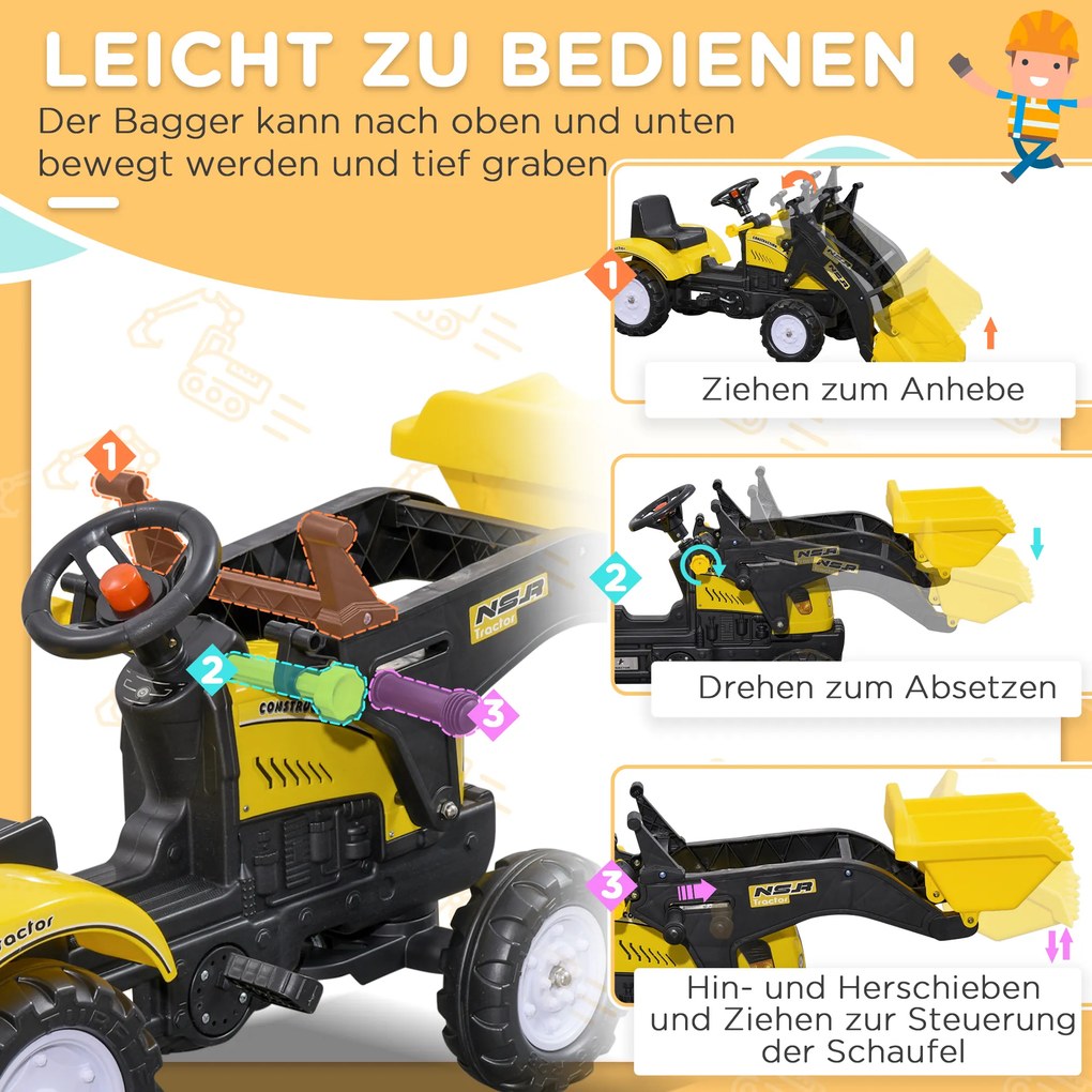 HOMCOM Sedací bagr s úložným prostorem, jezdící bagr s lopatou, šlapací traktor, smykem řízený bagr na písek, dětský bagr, smykem řízený bagr, bagr s…