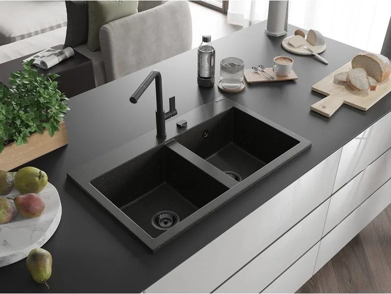 Mexen Hektor, 2-komorový granitový dřez 800x480x205 mm, černá-zlatá metalíza, grafitový sifon, 6521802000-75-B