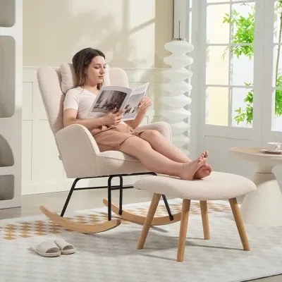 HOMCOM Houpací křeslo s podnožkou, měkký fleecový potah, dřevěné nohy, polštář, vysoké opěradlo, houpací křeslo, béžové