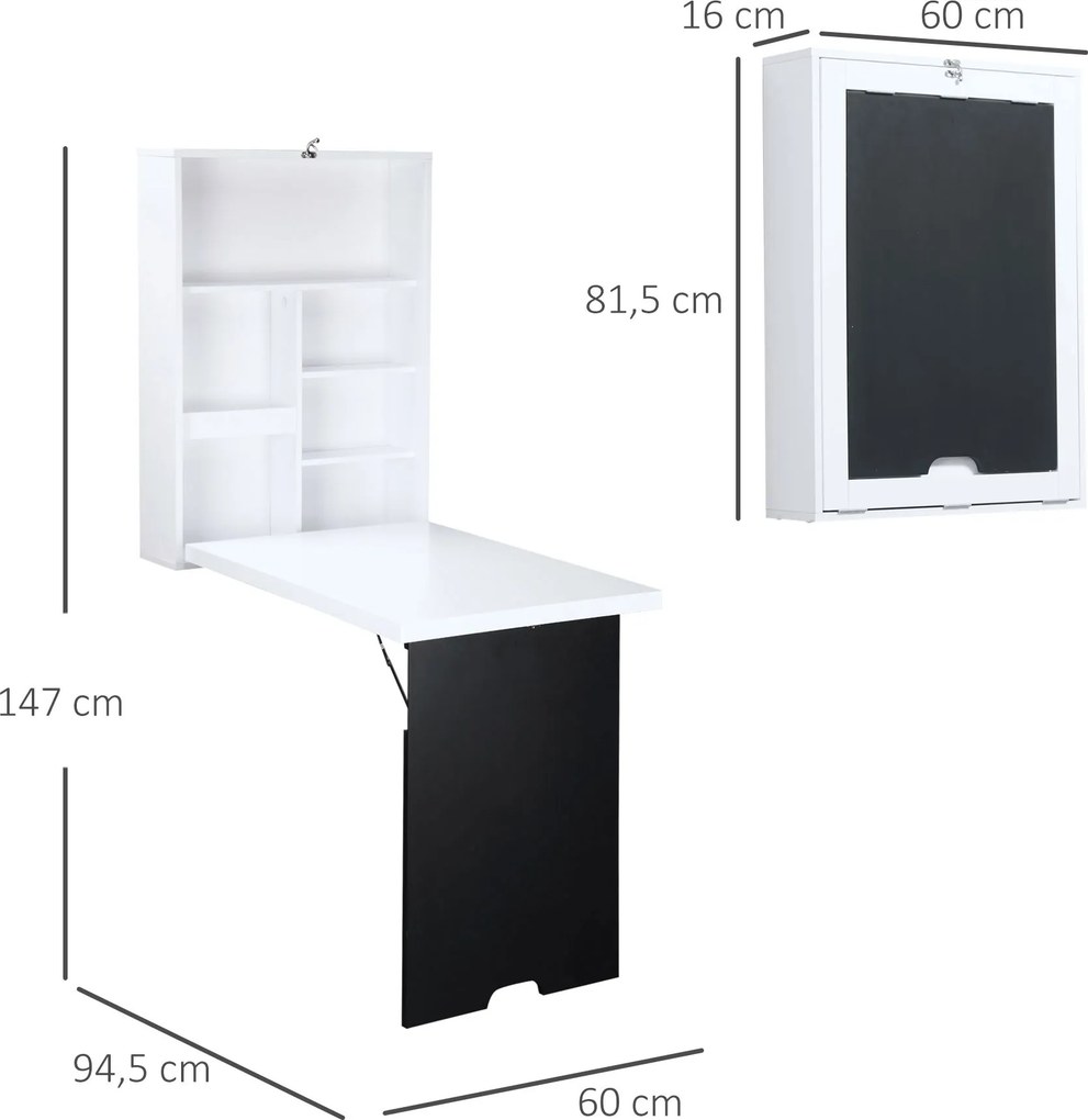 Nástěnný skládací stůl HOMCOM s 5 přihrádkami, bílá a černá deska, 60x94,5x147cm, prostorově úsporný pro domácí kancelář
