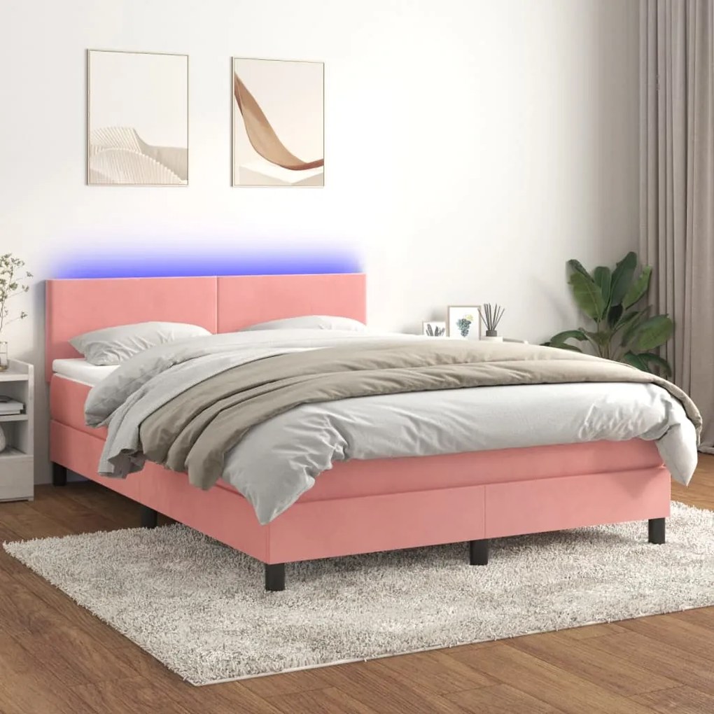 Box spring postel s matrací a LED růžová 140x190 cm samet 3134284