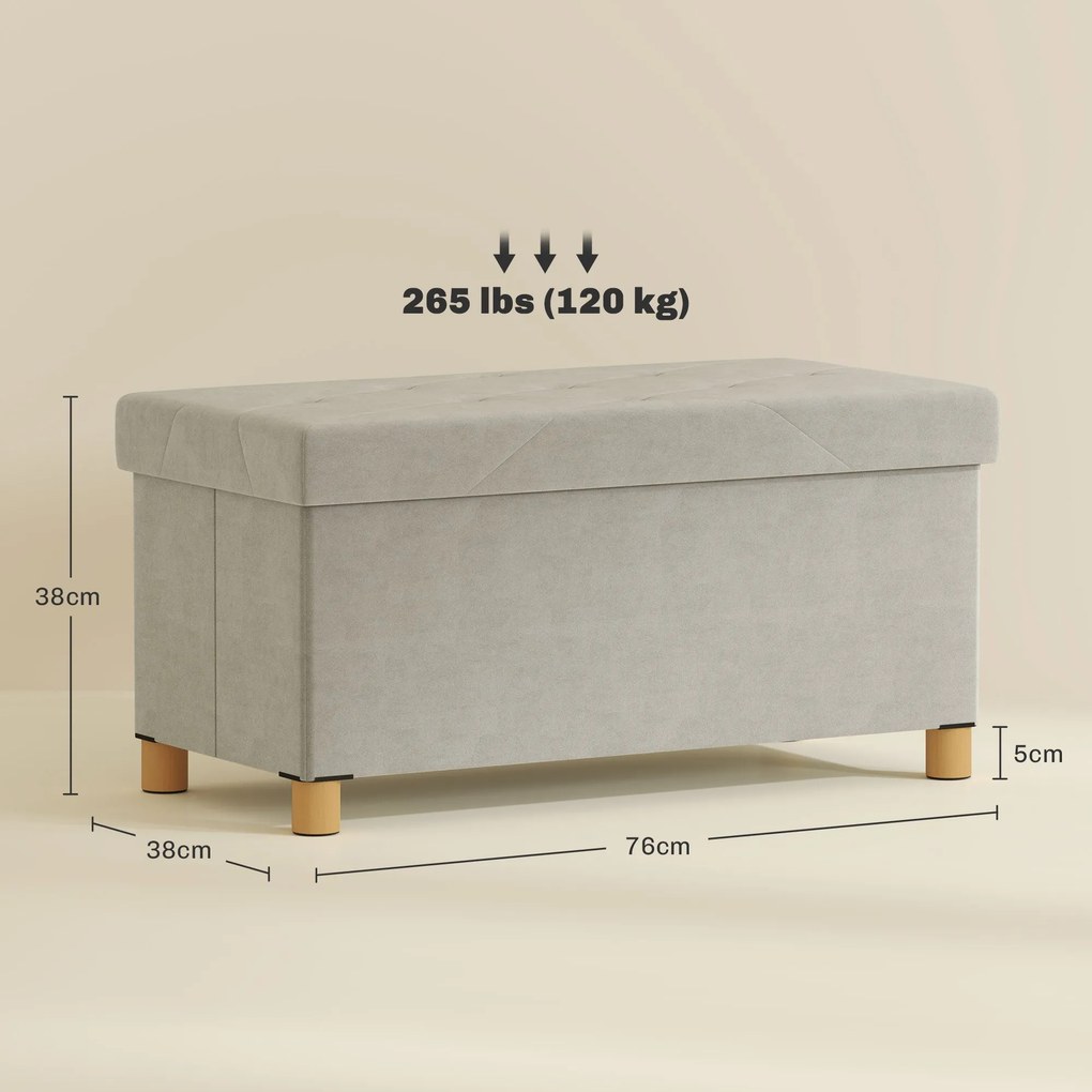 HOMCOM Skládací úložný taburet 67L, taburet s polstrovaným víkem a sametovým potahem, 76x38x38cm, krémově bílý