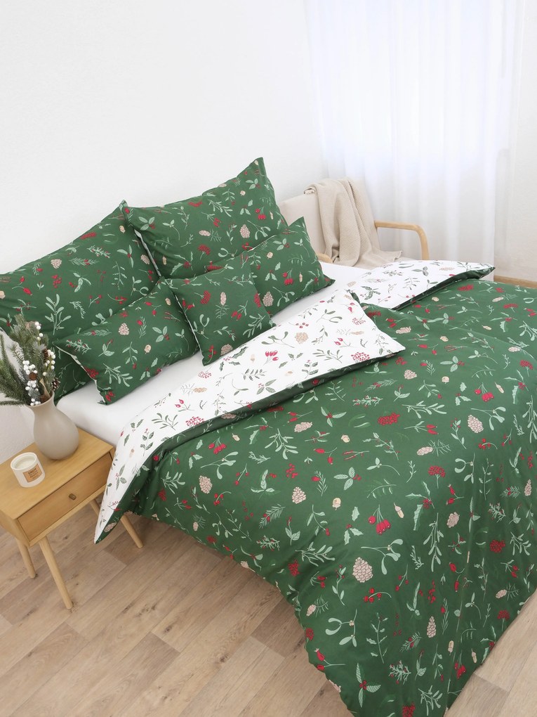 MK Lůžkoviny Vánoční prodloužené bavlněné povlečení Renforcé - Cesmínové větvičky 140 × 220 cm, 70 x 90 cm