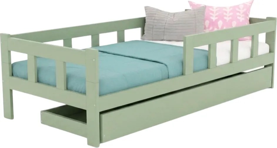 Benlemi Dřevěná jednolůžková postel FENCE 4v1 se zábranou a úložným šuplíkem Zvolte barvu: Béžová, Zvolte rozměr: 120x200 cm, Zvolte zábranu: S otevřeným vstupem