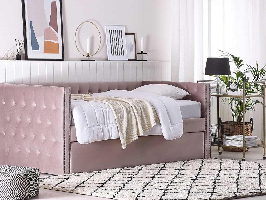 Výsuvná postel v růžovém sametu 90 x 200 cm GASSIN Beliani