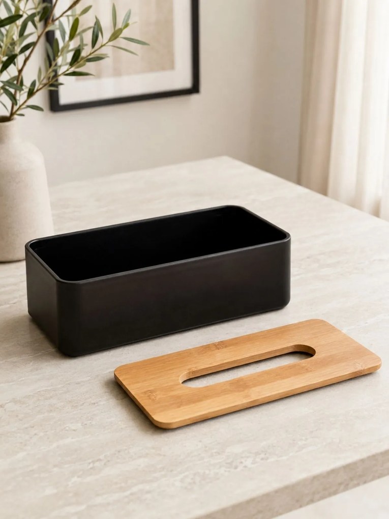 Box na kapesníky Natureo Black, 26x9x13 cm, černá/s dřevěnými prvky