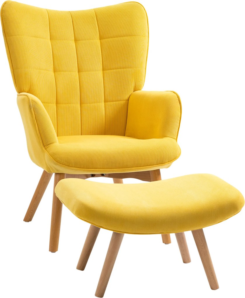 HOMCOM polohovatelné křeslo lounge wing chair s taburetem ve žluté barvě, křeslo s dřevěnými nohami, vzhled šňůry pro příjemné posezení | Aosom.de