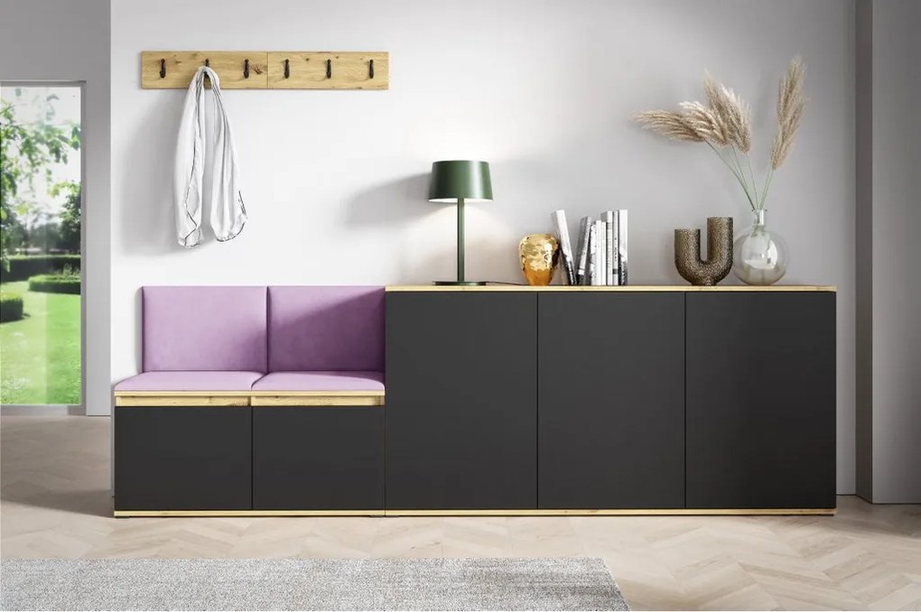 Eka Předsíňová stěna s čalouněnými panely Trinity 35 - Dub Artisan s černou / Fialová 2311
