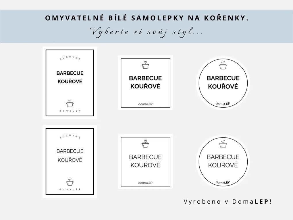BARBECUE KOUŘOVÉ - omyvatelná samolepka na kořenky, výběr rozměrů Ø 5 cm / 5 x 5 cm / 6 x 8 cm | DomaLEP tvar: KOLEČKO, barva: BÍLÁ - ČERNÉ písmo, velikost: Ø 5 cm - základní písmo
