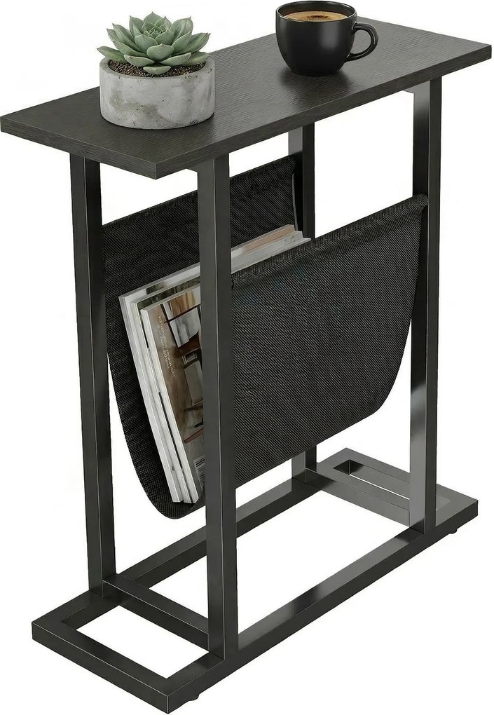 HOMCOM odkládací stolek/noční stolek s látkovou kapsou, ocelový rám — 49 × 19 × 55 cm, černý