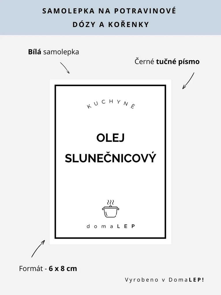 Samolepka na láhev OLEJ SLUNEČNICOVÝ – bílá, 6 x 8 cm, tučné písmo