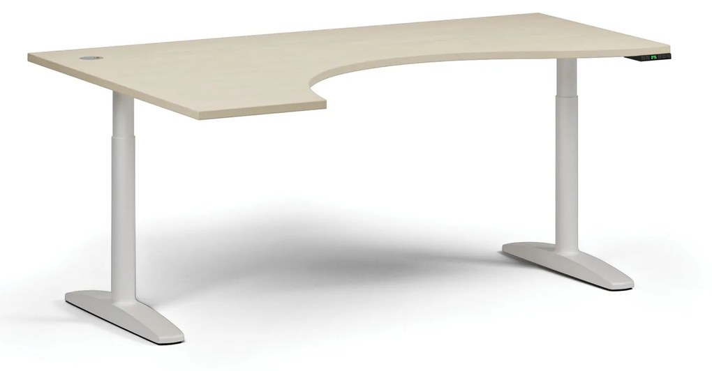 Výškově nastavitelný stůl OBOL, elektrický, 675-1325 mm, ergonomický levý, deska 1800x1200 mm, bílá zaoblená podnož, třešeň