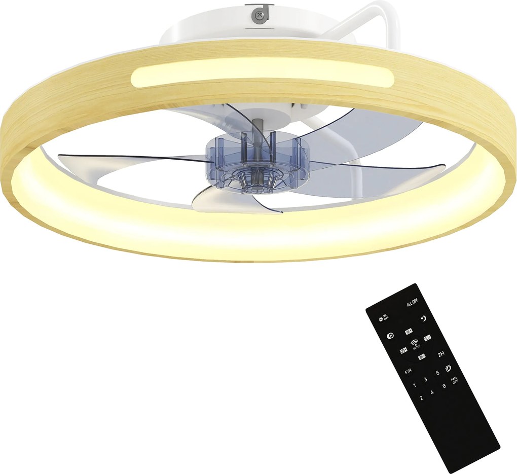 HOMCOM 49 cm LED stropní ventilátor se světlem, 40 W, reverzní DC motor, tichý chod, dálkové ovládání, 6 rychlostí, 3 teploty světla, časovač — přírod