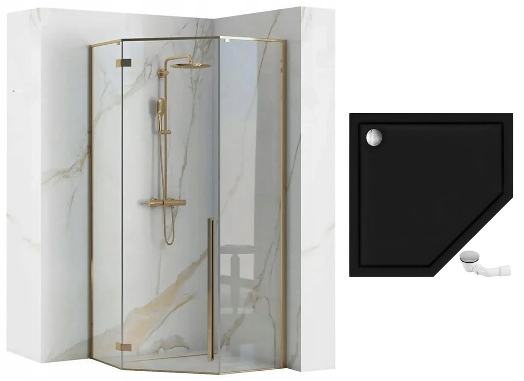 Pětiúhelníkový sprchový kout REA DIAMOND 90x90 cm, zlatý/transparent + vanička Diamond černá